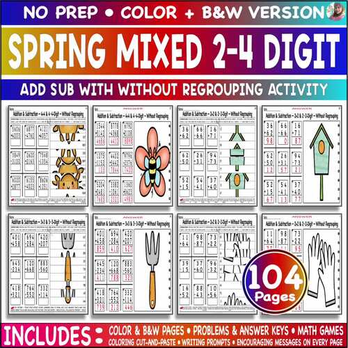 Spring Math Mixed Add Sub 2 3 4 Digit Regrouping Elementary Learners ...
