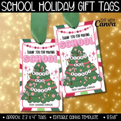 Pink Christmas School Era Gift Tag Card, Class Treat, Holiday Teacher ...
