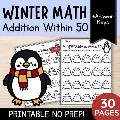 Winter Math: Addition Within 50 Worksheets | First and Second Grade