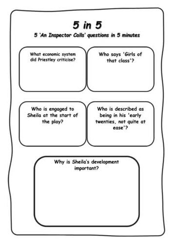 English Literature An Inspector Calls Starter Questions Worksheets PDF