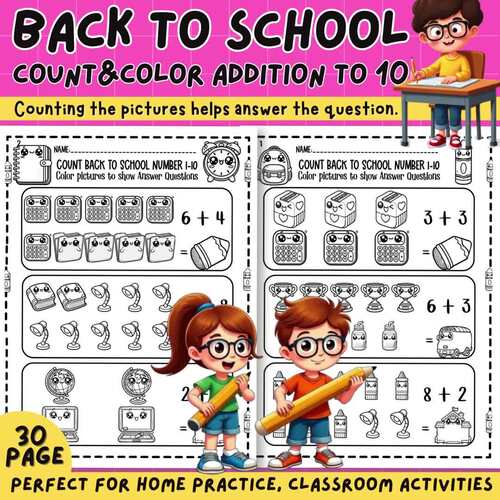 Count and Color Addition within 10 Worksheets, Back to School Math Activity