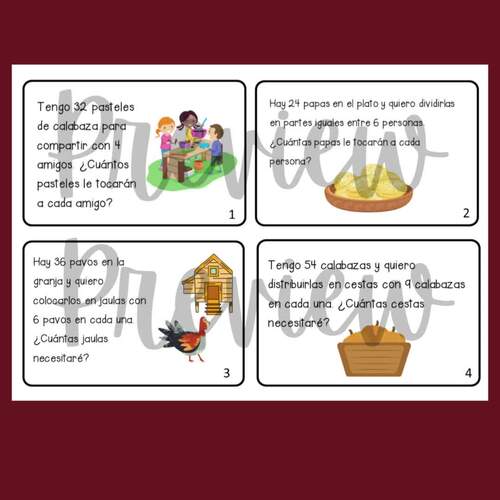 Tarjetas de Problemas de División de Acción de Gracias | TPT