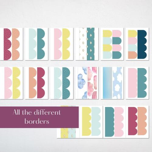 Bulletin board boarders and letters for a pastel cloud themed classroom