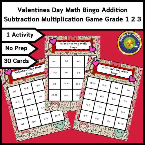 Valentines Bingo Math Game Mental Logic Puzzles Add Subtract Multiply ...