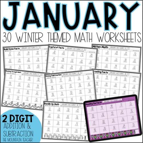 Winter 2 Digit Addition and Subtraction Worksheets | January Math Facts ...
