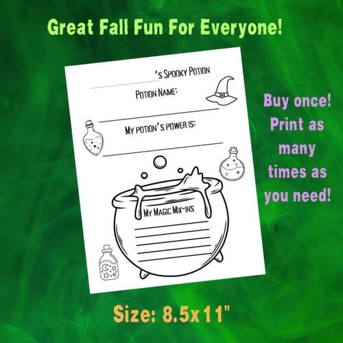 Potion Recipe Worksheet for Kids Printable Halloween Classroom Activity