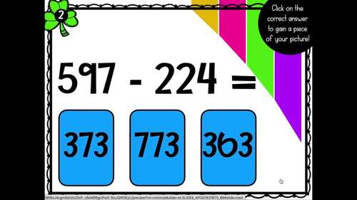St Patricks Day Math Coloring - March Color By Number - 3 Digit Subtraction