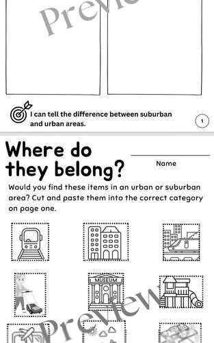 Community Types: Suburban vs. Urban Picture Sort by Becky's Learning Loft