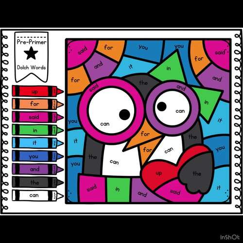 Kindergarten Dolch Pre-Primer High-Frequency Sight Words Coloring ...