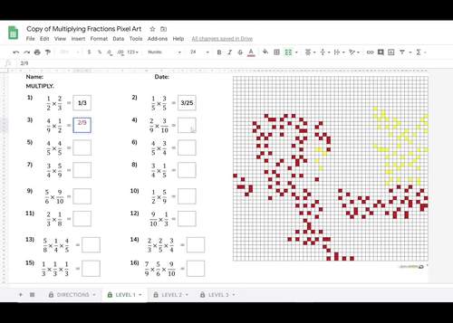 Distance Learning Math Multiplying Fractions PIXEL ART Google Sheets