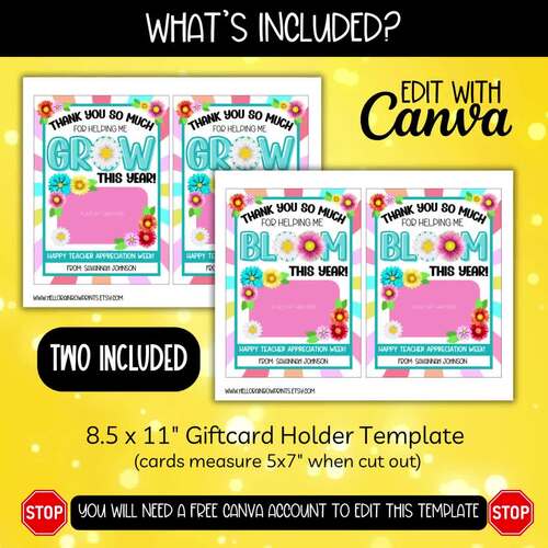 Teacher Appreciation Week Gift Card Holder, Bloom Grow Thank You Tags ...