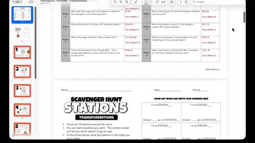 8th Grade Math Review Thanksgiving Activity Transformations Stations