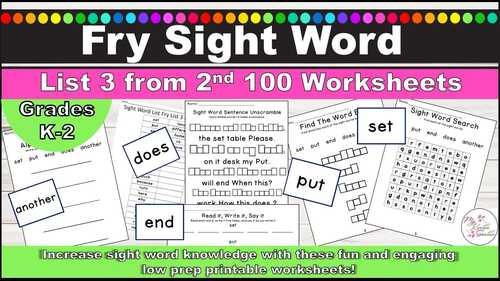 Fry Sight Word Worksheets List 3 from 2nd 100 Words Word Work Printables