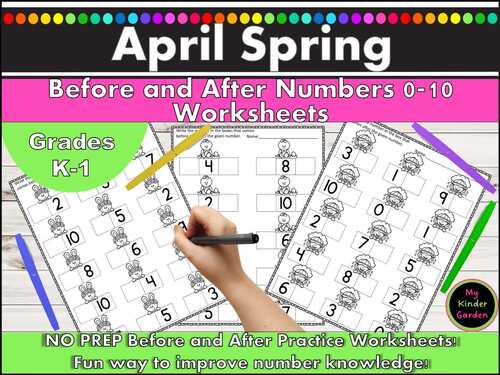 April Before and After Numbers Worksheets Missing Numbers 0-10 Kindergarten