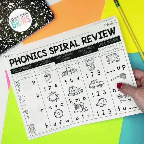 Phonics Spiral Review & Weekly Quizzes by Missing Tooth Grins | TpT