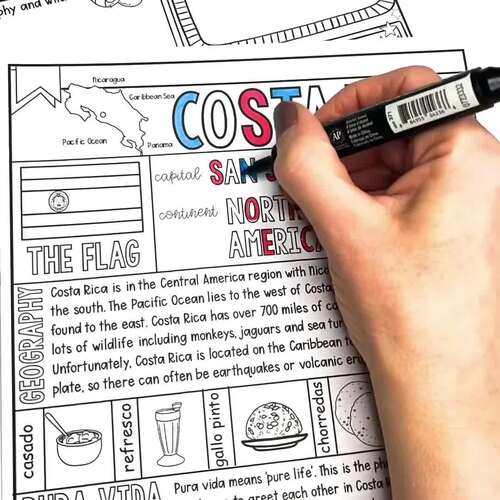 Costa Rica Graphic Organizer & Coloring Pages - Costa Rica Country Study