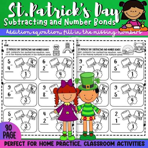 St. Patrick's Day Subtraction & Number Bonds within 10, Solve Missing ...