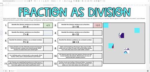 Fractions as Division Digital Mystery Puzzle Pixel Art | 5.NF.3 | TPT
