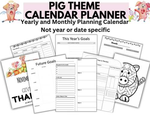 Pig Theme Yearly & Monthly Planning Calendar – Undated Weekly and ...