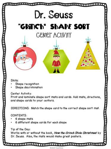 Dr. Seuss "Grinch" Shape Sort by Teachtree | Teachers Pay Teachers