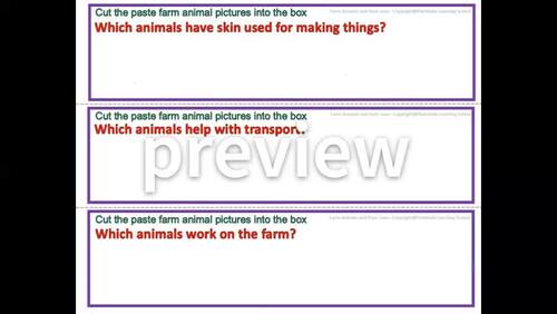 Farm Adult Animal Uses–Clip/Task ,cut paste cards – all real images.