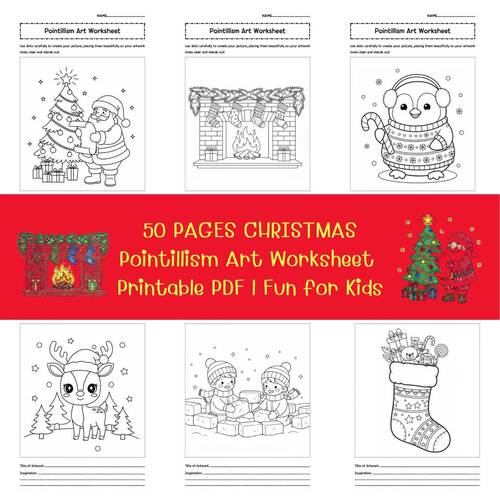 Christmas Pointillism Art Worksheets | Dot Painting Activity | Art for Kids