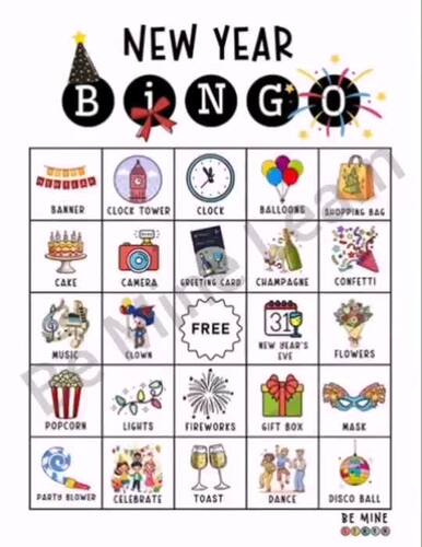 New Year Bingo Game | Rhyming Riddle Bingo Card (Color and BW versions)