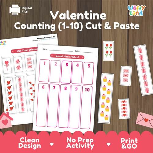 Valentine's Day Math Cut and Paste Worksheets Counting 1-10 ...