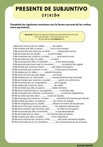 Subjunctive to Express Opinions Worksheets Subjuntivo Opinión Hojas de ...