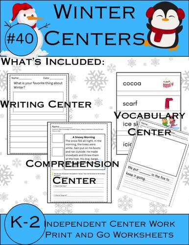 Kindergarten First Grade Centers January Winter Literacy Bundle Worksheets