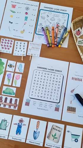 Gardening unit study, flashcards, literacy and math worksheets by RudensArt