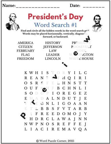 President's Day | Word Searches | Crosswords | Cryptograms | Word Scrambles