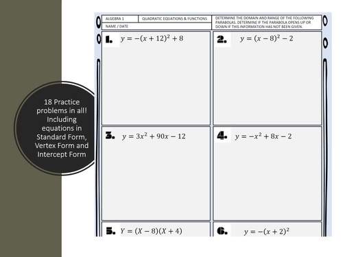 Algebra 1: Identifying the Range/Domain of Quadratic Functions (Parabolas)