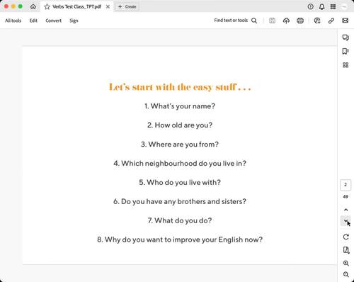 ESL Level Test with Verbs by ESL Class Workshop | TPT