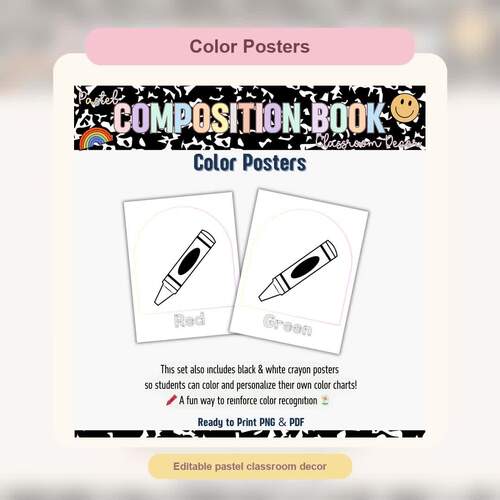 Color Posters: Pastel Composition Book Theme | Primary Classroom Decor