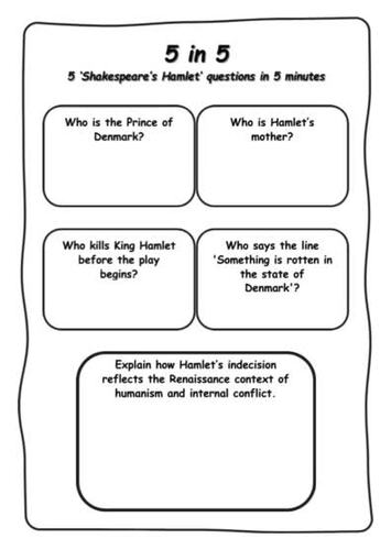 English Literature Shakespeare's Hamlet Starter Questions Worksheets PDF