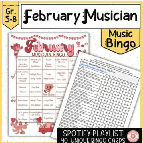 February Music Bingo Game for Middle School, Fun Friday Music Spotify List