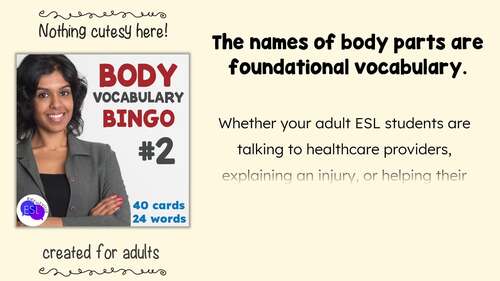 Adult ESL Body Vocabulary Bingo Game | Set 2 of 3 by Rike Neville