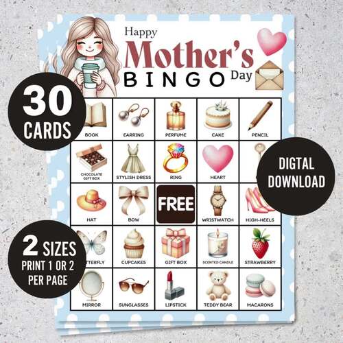 Mother’s Day Bingo Game | 30 Printable Cards | Fun Mother’s Day Activity