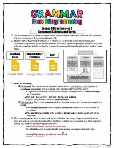 Compound Subjects & Predicates - English Grammar Lesson 6 - Print & Digital