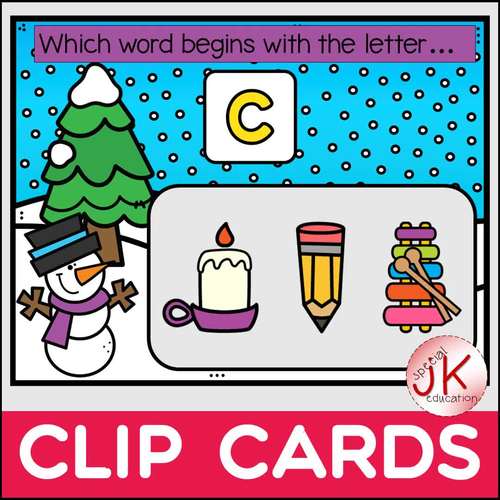 Winter beginning sounds Clip cards activity for letter sounds A-Z