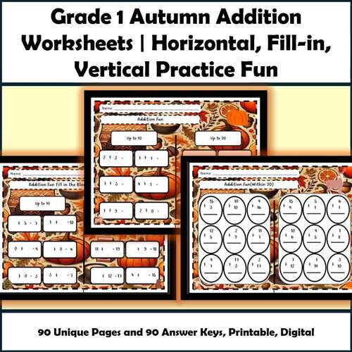 Grade 1 Autumn Math Addition Missing Addend Find the Sum Within 20 Pack
