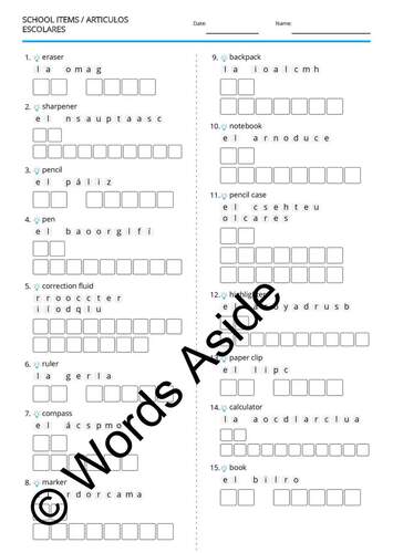 Spanish English Bilingual Vocabulary Worksheets Cards Puzzles Games SCHOOL