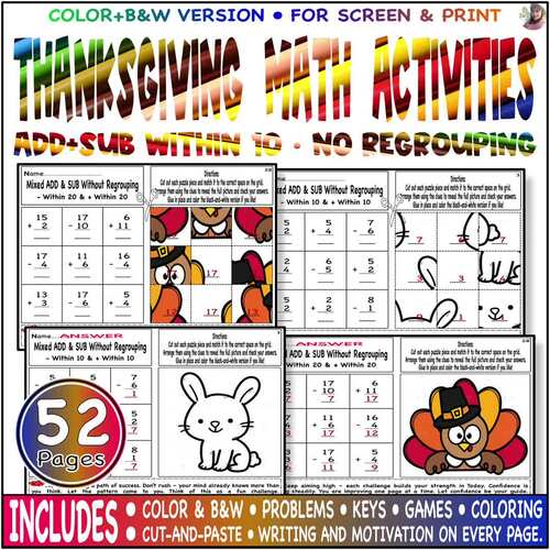 Mixed Add Subtract within 10, 20 without regrouping | Thanksgiving ...