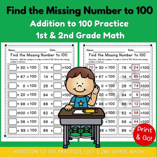 Find the Missing Number to 100 Worksheets | Addition to 100 | 1st & 2nd ...