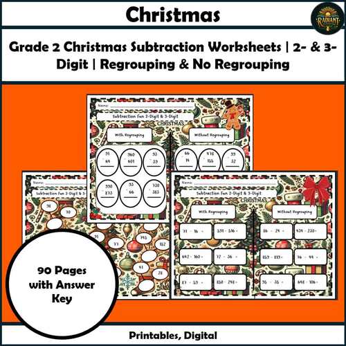 Grade 2 Christmas Subtraction Worksheets | 2 & 3-Digit | Regroup & No ...