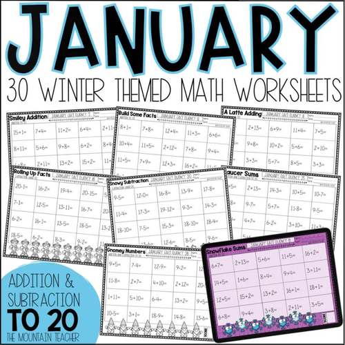Winter Adding and Subtracting Up To 20 Worksheets | January Math Fact ...