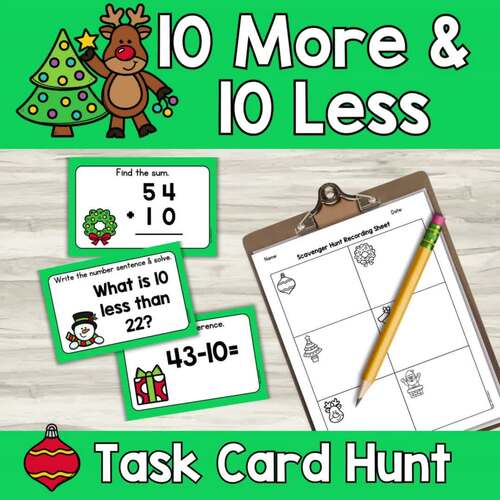 10 more 10 less Christmas Task Card Scavenger Hunt Math Game Center ...