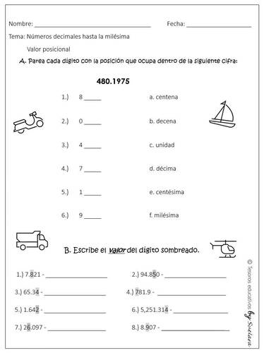 Valor posicional de los decimales - Ejercicios de práctica | TPT