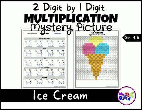 2 Digit by 1 Digit Multiplication Mystery Picture Ice Cream with TPT Easel